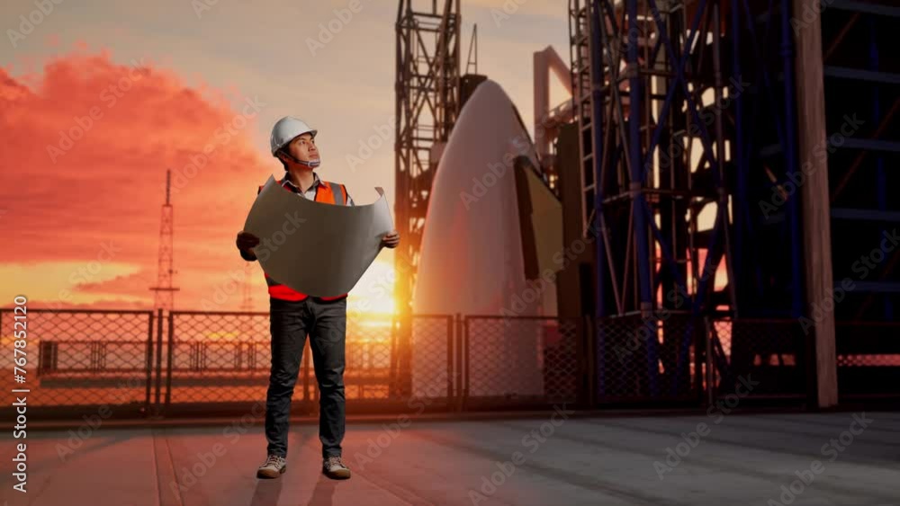 Full Body Of Asian Male Engineer With Safety Helmet Looking At ...
