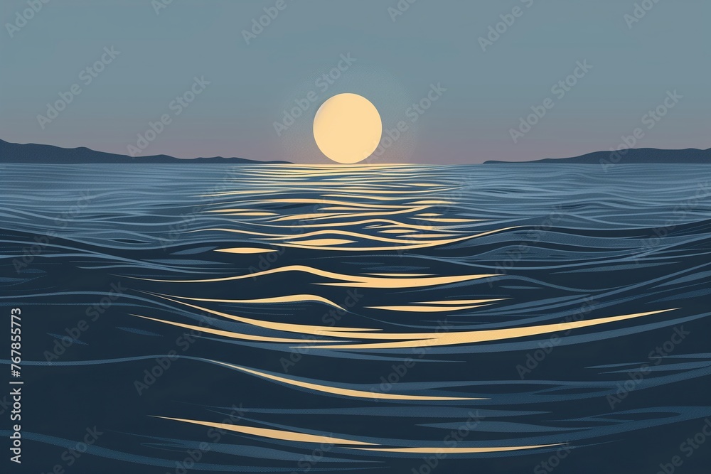 Stylized depiction of the ocean's gentle waves under a full moon ...