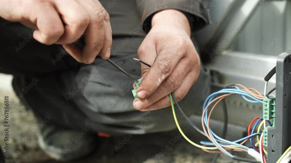 Electrician installs wiring using Connectors for connecting wires in ...