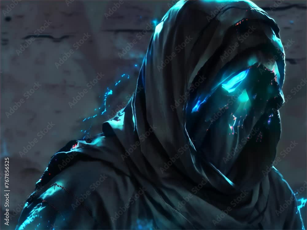 Dark Fantasy Video Game Art Style Figure with Glowing Blue Eyes in ...