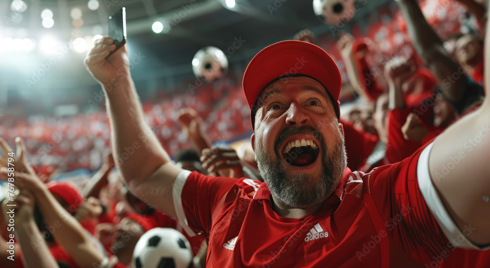 Euphoric football fans in red jerseys, cheering and celebrating with ...