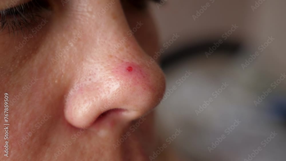 Close-up of a large red pimple on a woman's nose, a bloody pimple. Problematic skin. A large ...