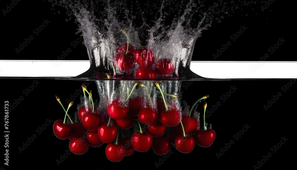 A bunch of ripe cherries with water droplets captured mid-air as they ...