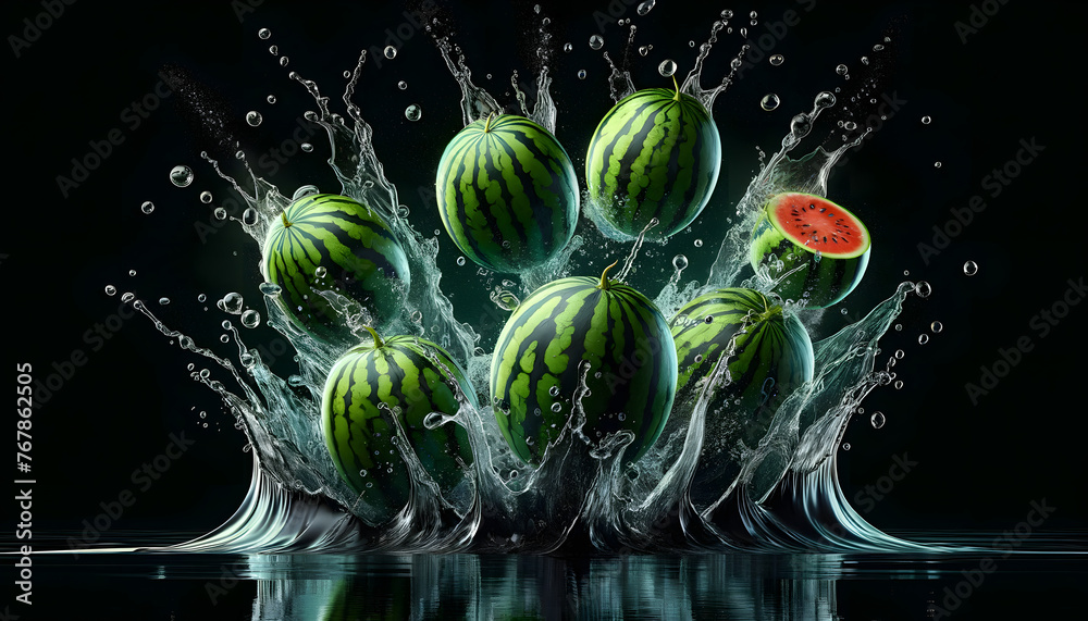 Ripe watermelons with water droplets captured mid-air as they fall into ...
