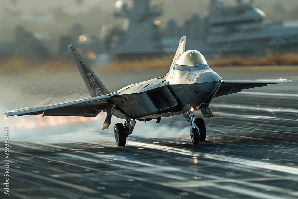 Front view of an F-22 Raptor fighter jet accelerating during takeoff on ...