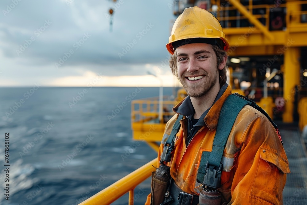 Portrait of a male employee on oil platform at sea. A young confident ...