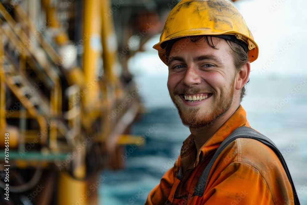 Portrait of a male employee on oil platform at sea. A young confident ...