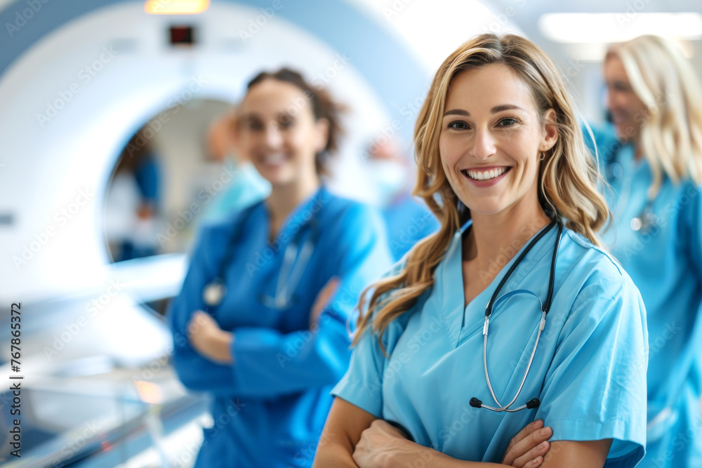 Team of radiologists posing in a modern medical laboratory equipped ...