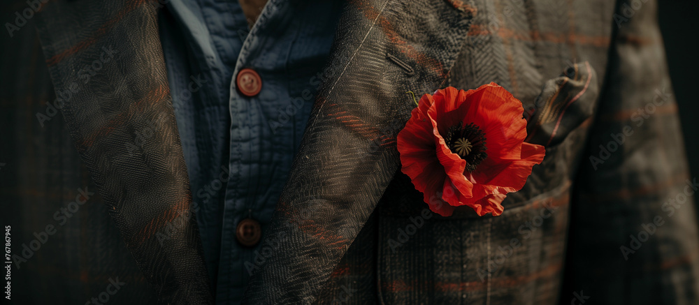 ANZAC Red poppy flower on war hero mans brown blazer jacket lapel ...