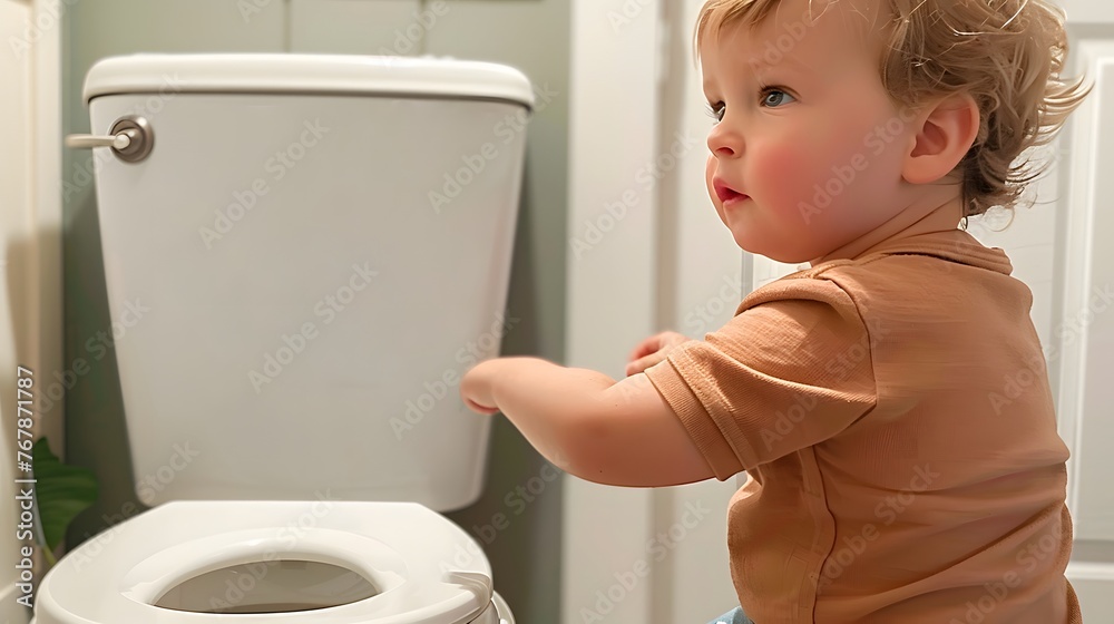 Blond-haired boy with light eyes learning to use the toilet at a very ...