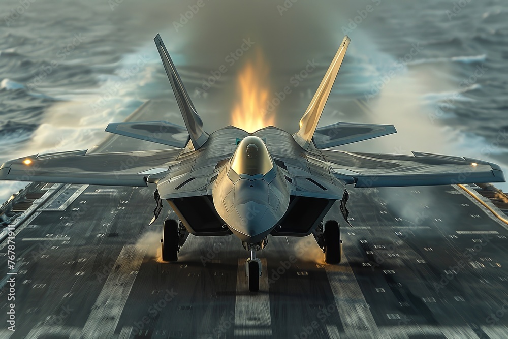 Front view of an F-22 Raptor fighter jet accelerating during takeoff on ...