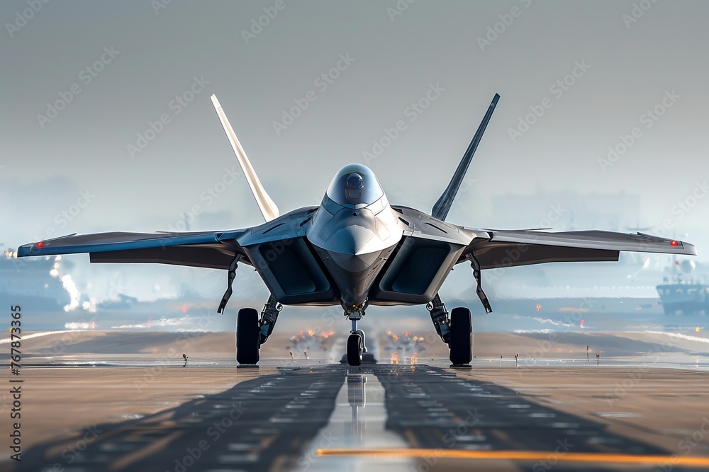Front view of an F-22 Raptor fighter jet accelerating during takeoff on ...