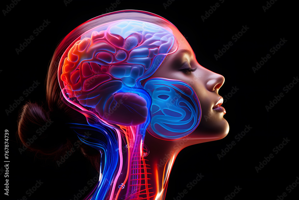 Anatomy woman head brain in neon colors, profile side view isolated on ...