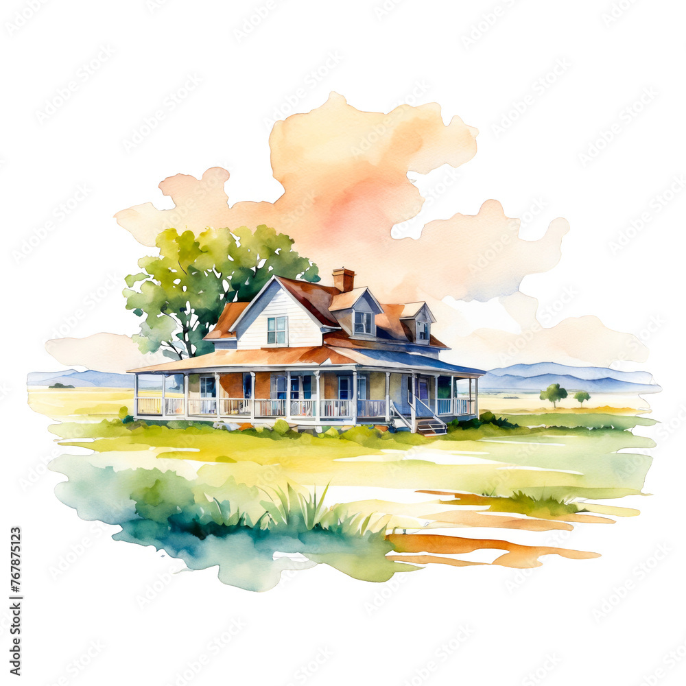 A traditional ranch style house in a open countryside field, with wide ...