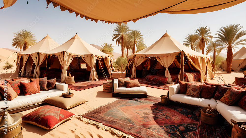 An enchanting scene of a desert oasis, with palm trees swaying gently ...