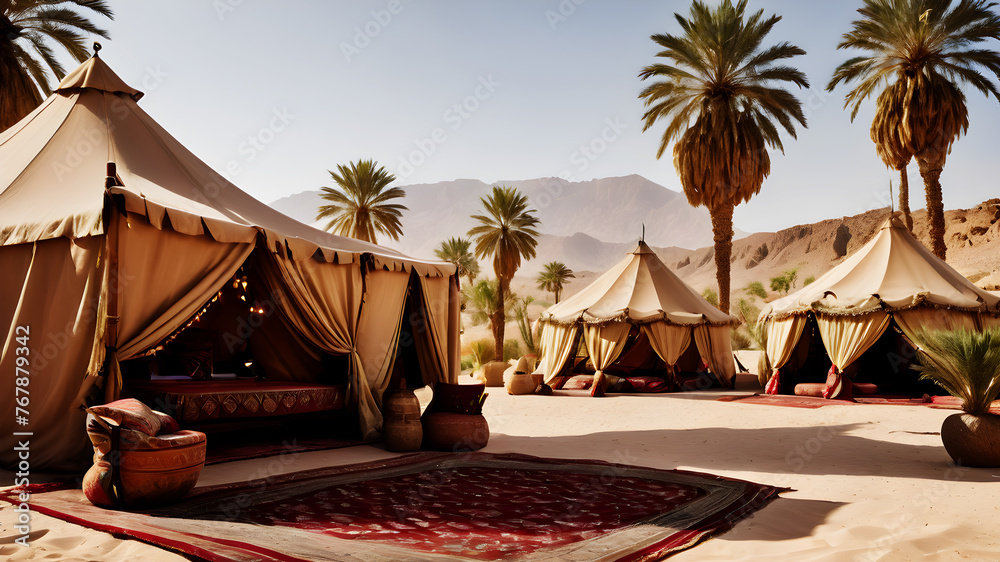An enchanting scene of a desert oasis, with palm trees swaying gently ...