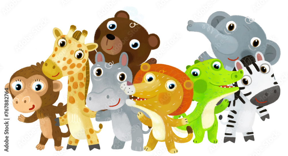 Cartoon zoo scene with zoo animals friends together in amusement park ...