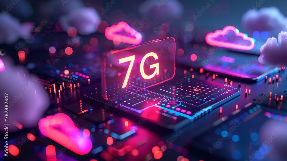 Dynamic 7G symbol in a dark background with digital particles and a ...