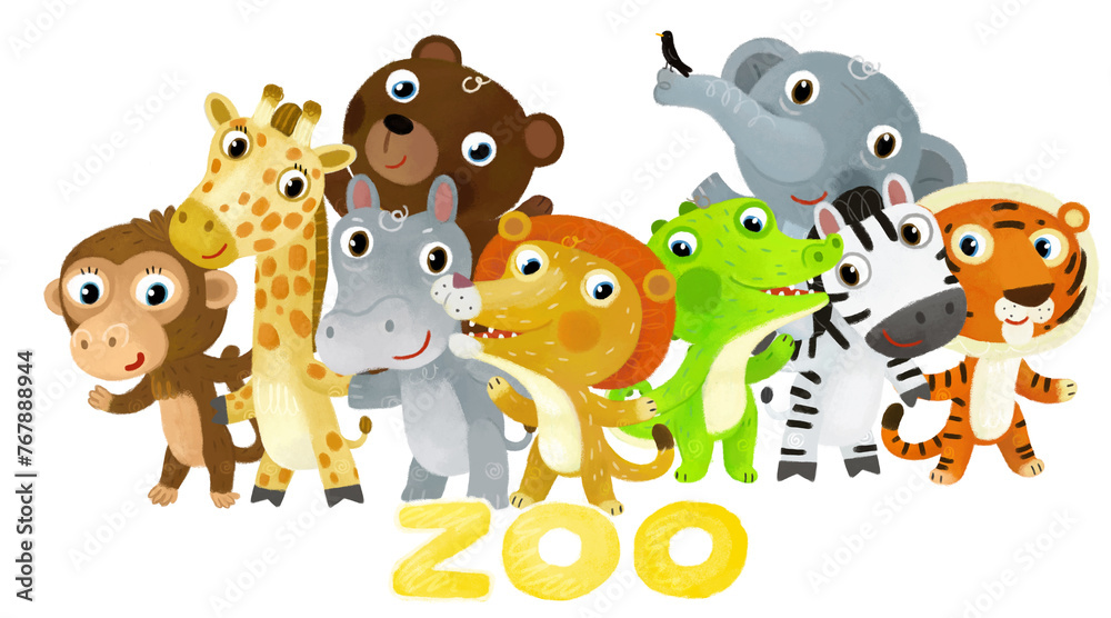 Cartoon zoo scene with zoo animals friends together in amusement park ...