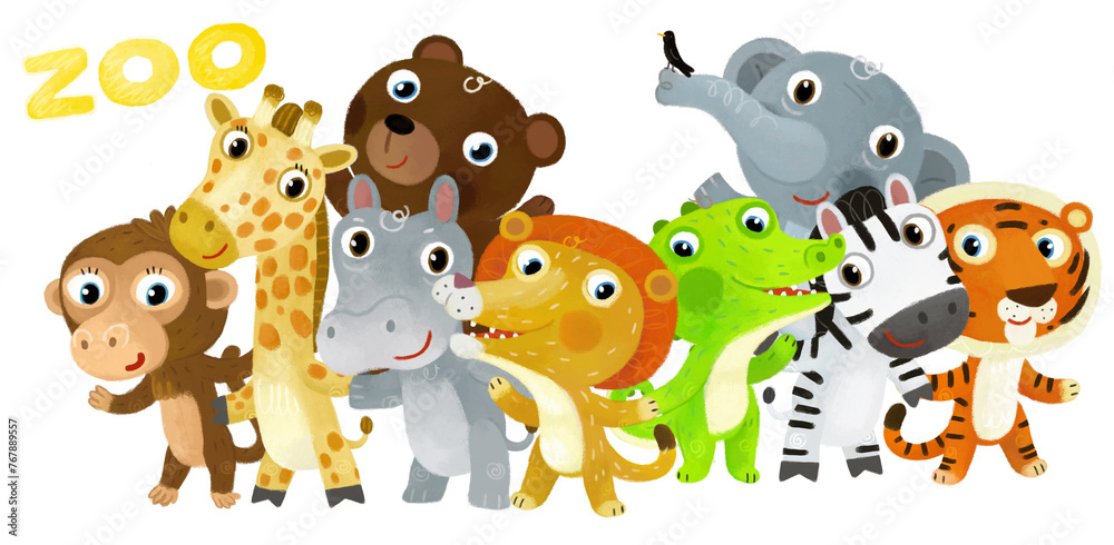 Cartoon zoo scene with zoo animals friends together in amusement park ...