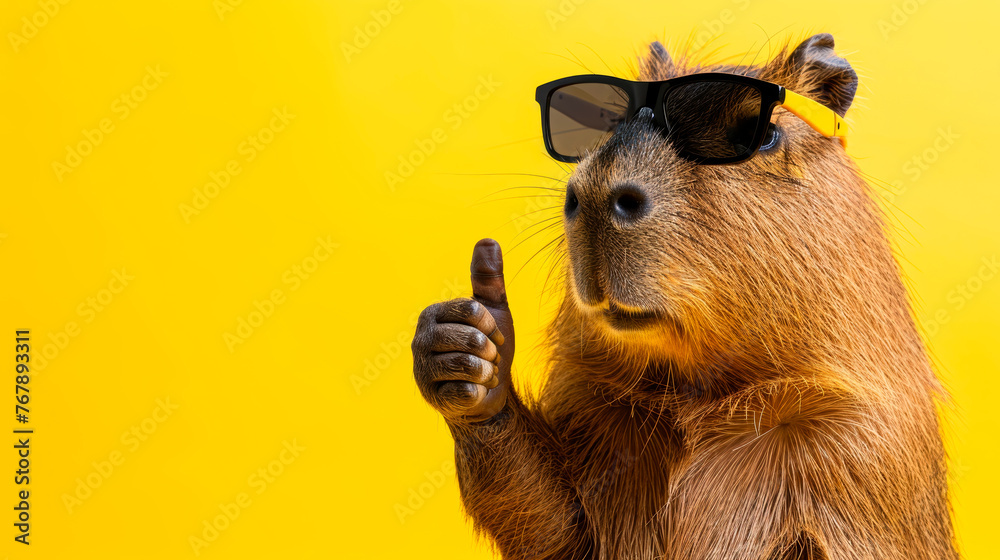 Portrait of a beautiful happy capybara in sunglasses holding two thumbs ...
