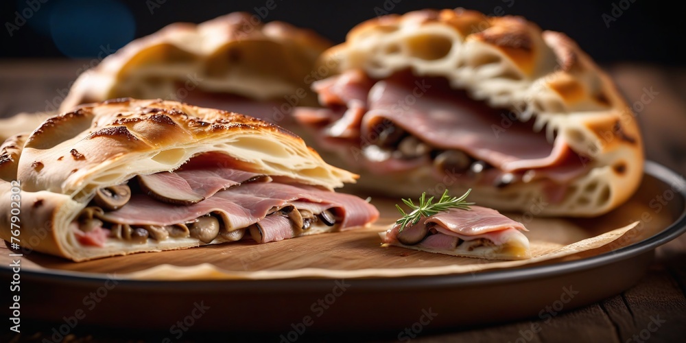 A Delicious Half-Moon Calzone. A close-up photo of a halved calzone ...