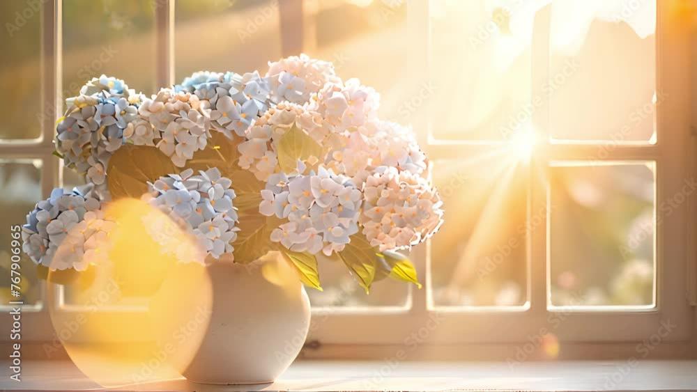 hydrangea flowers in white vase on window sill with sunlight shining ...