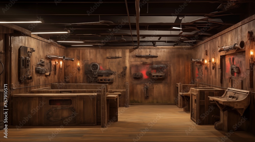 Awe-inspiring underground shooting range lined in distressed wood with ...