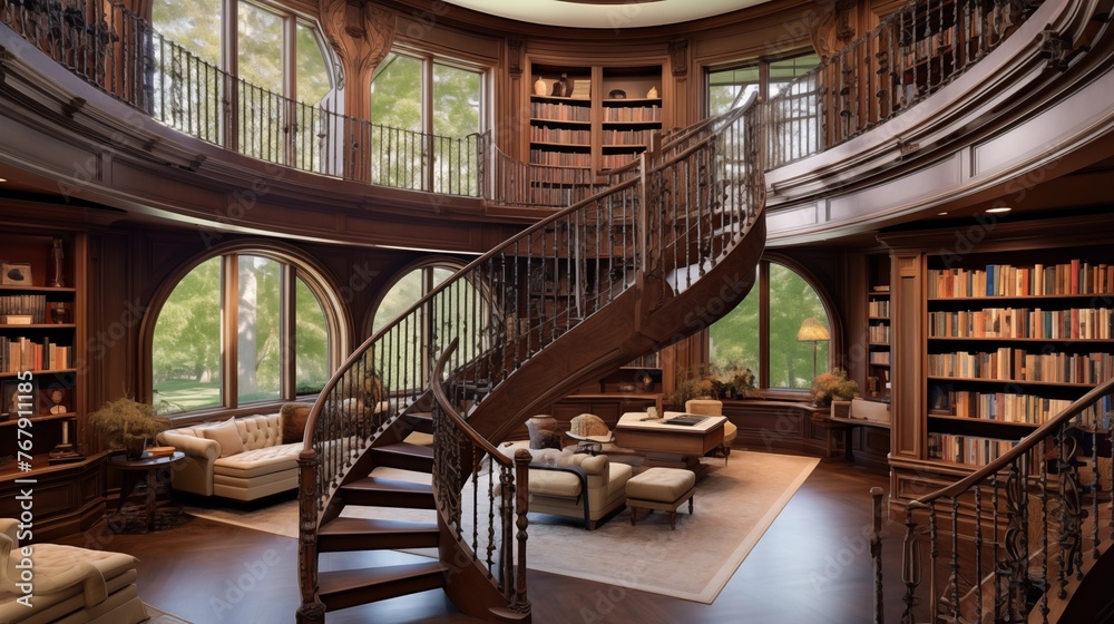Captivating two-story library with spindled railings, window seats ...