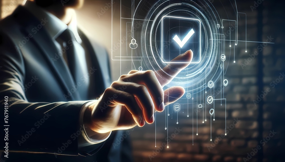 Corporate manager confirming a task on a virtual checklist, concept of ...