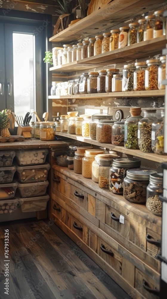 Well-Organized Pantry Shelves with Variety of Jars,A neatly arranged kitchen pantry showcasing a ...