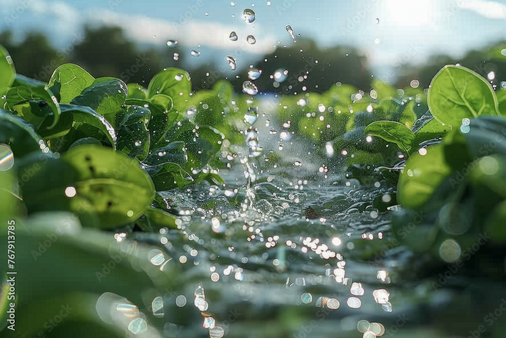 Sunlit water drops from smart irrigation on crops, showcasing precision ...