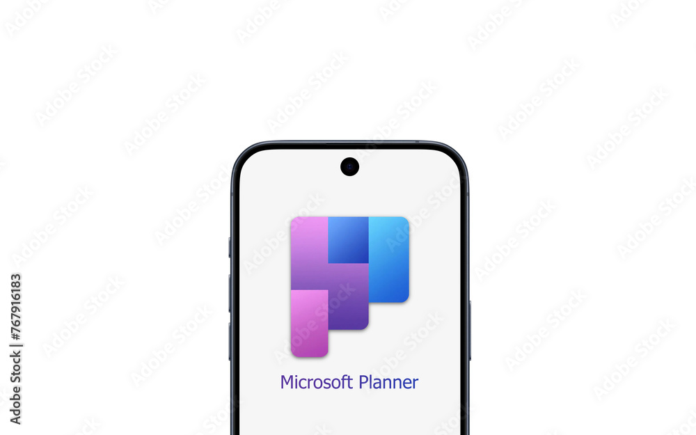 New Microsoft Planner logo is displayed on a modern smartphone, white ...