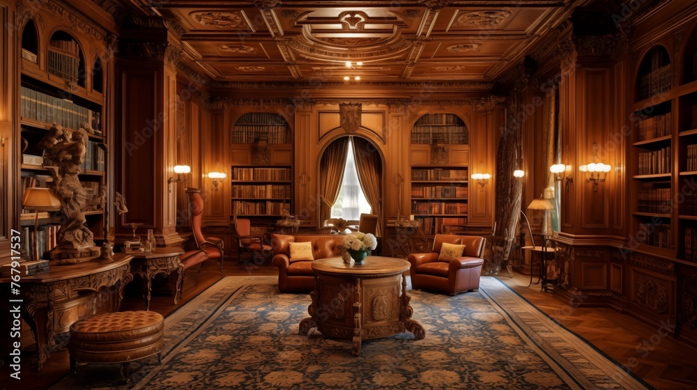 French Renaissance-inspired library of carved paneling, coffered ...