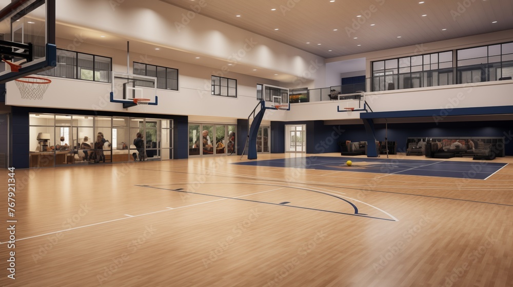 Indoor basketball court with professional core court, seating areas ...