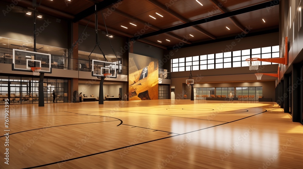 Indoor basketball court with professional core court, seating areas ...