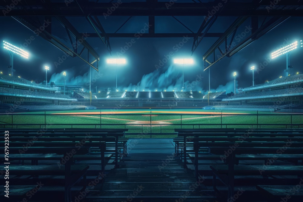 Atmospheric night shot of a baseball stadium seen from the bleachers ...