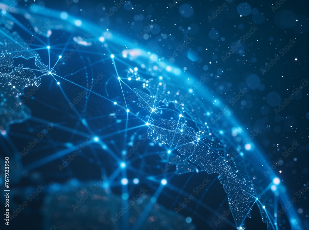 Abstract blue background with a world map and network connection lines ...