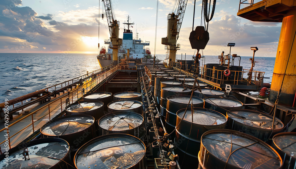 Barrels of oil being loaded onto a massive cargo ship - depicting the ...