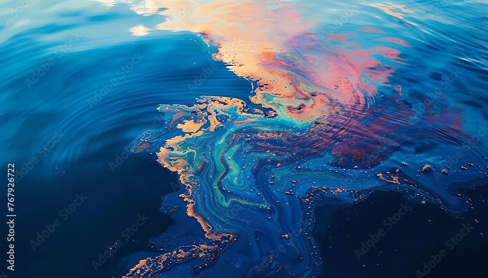 An oil slick ominously spreading on the surface of water - a potent ...