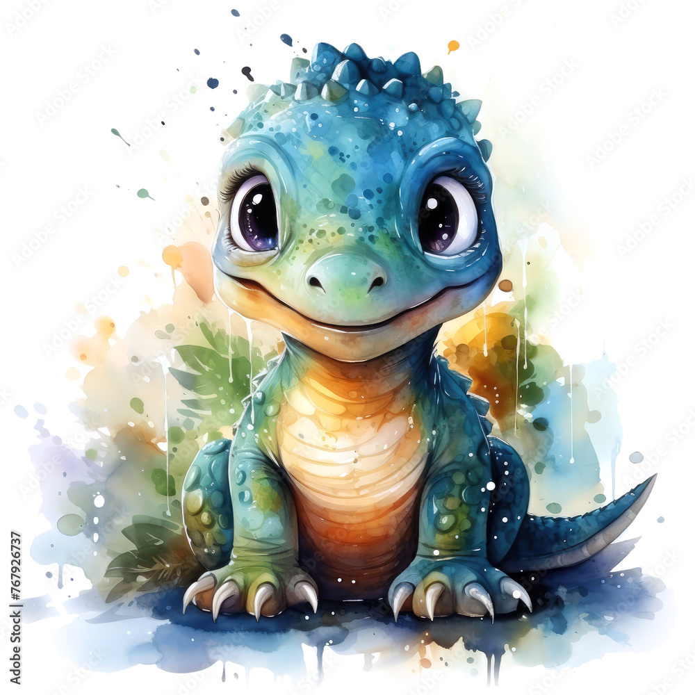 Watercolor baby dinosaur, dino, rex stains and splashes, watercolour ...