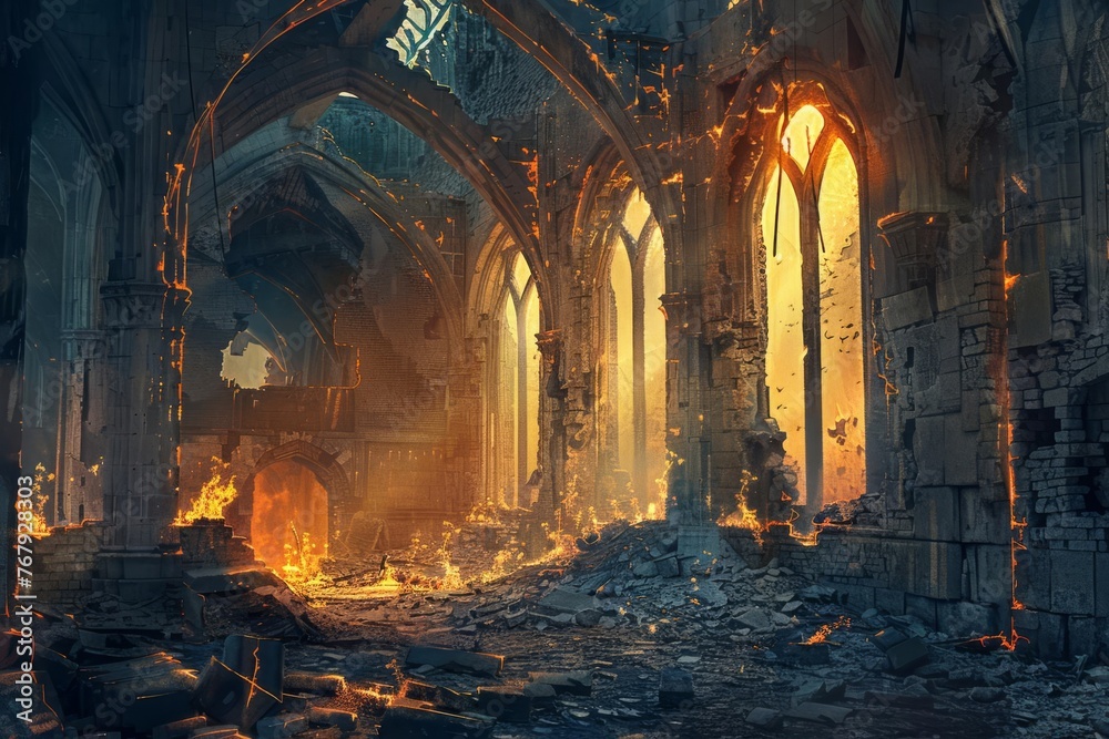 Dramatic Interior of a Castle in Ruins, Degraded by the Action of Fire ...