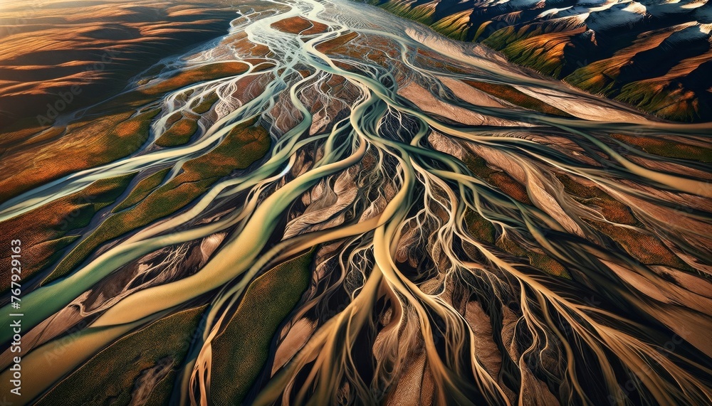 An overhead view capturing the intricate beauty of a river delta, where ...