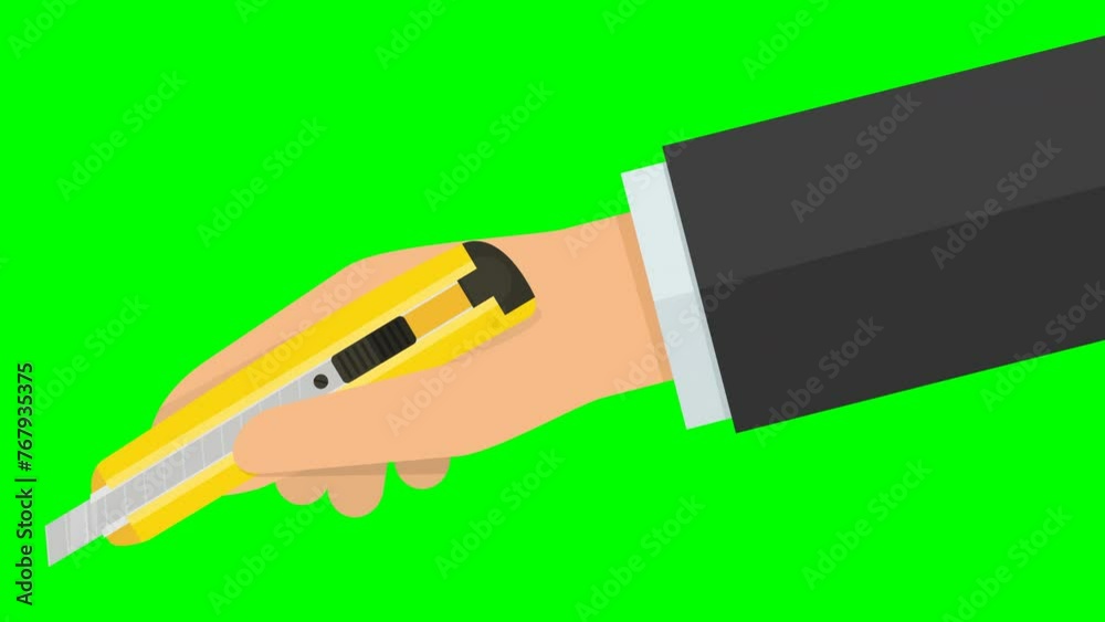 Looped animation of a hand cutting with a yellow cutter in flat design ...