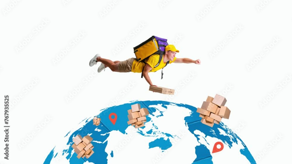 Delivery man flying with pizza boxes over word map with location pins ...