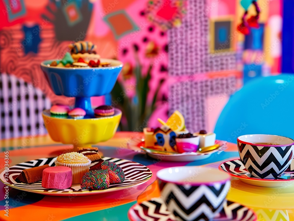 80s aerobics energy with African patterns, vibrant afternoon tea setup ...