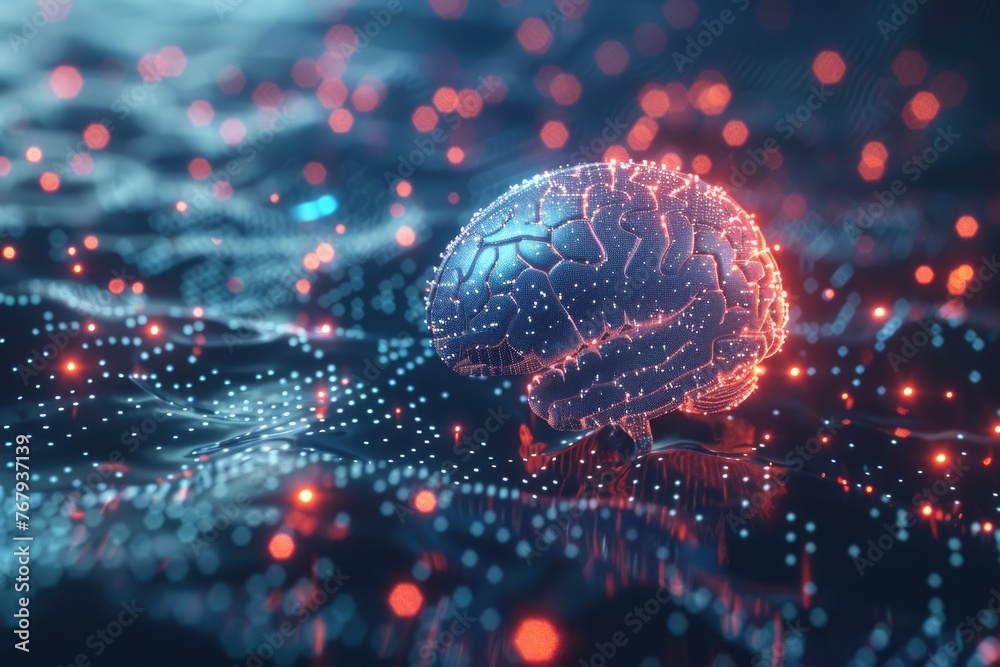 Futuristic AI brain network, coding sequences pulsating across neural pathways in a display of ...