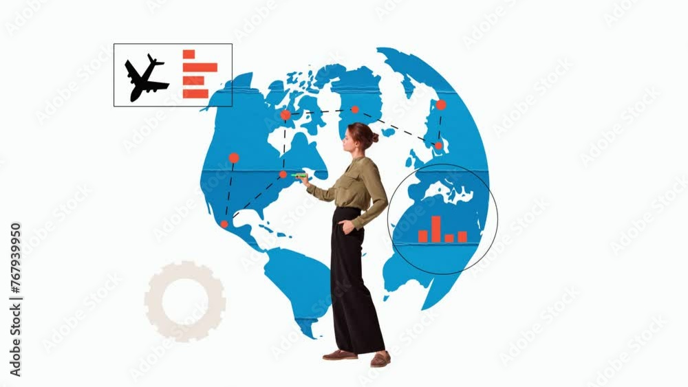 Woman drawing delivery roads over world map with statistics. Working on ...