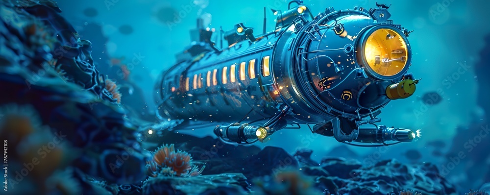 Retro-futuristic deep-sea expedition, exploring ancient wrecks and ...