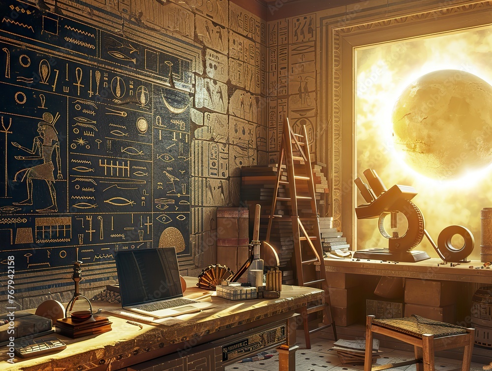 Retro-futuristic lab in Ancient Egypt, genetic engineering hieroglyphs ...